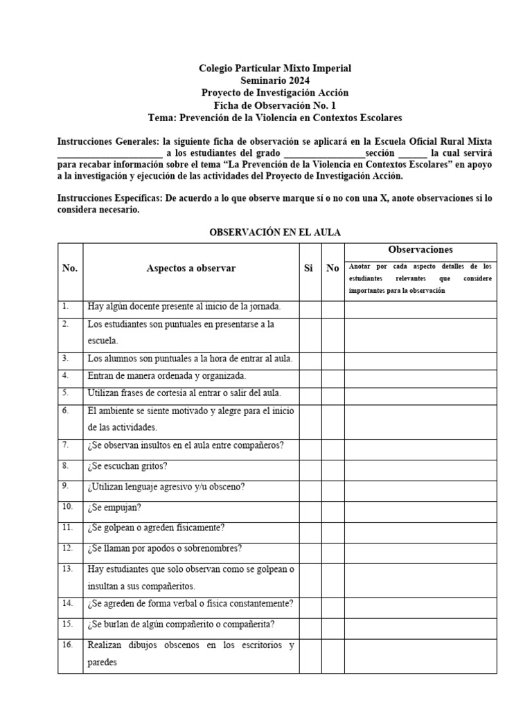 Hojas de Observacion 2024 ESCUELA | PDF | Salón de clases