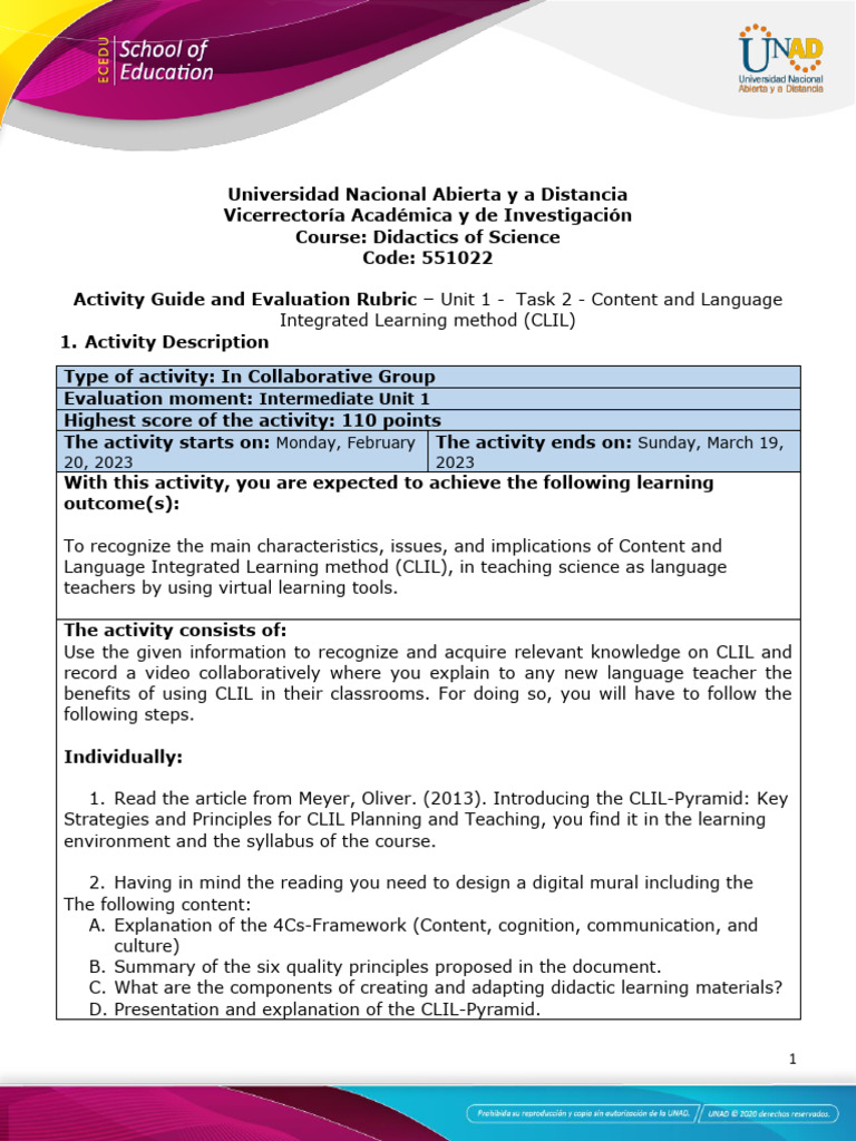 Activity Guide And Evaluation Rubric Unit 1 Task 2 Content And Language Integrated