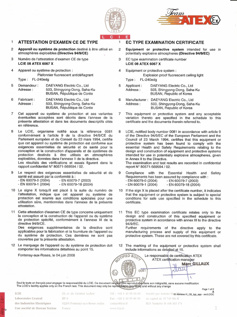 LCIE 08 ATEX 6067 X (FL-240edg) | PDF