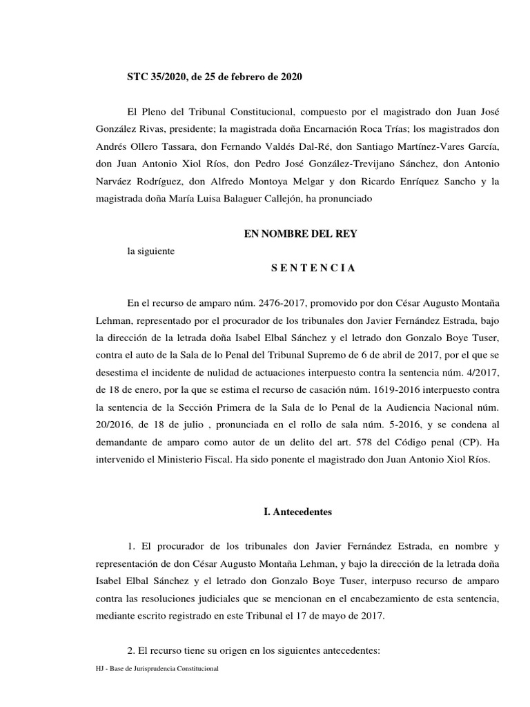 Sentencia STC 35-2020 - Tribunal Constitucional de España - Caso Strawberry | PDF | Caso de ley ...