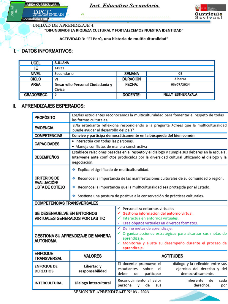 1º DPCC- SES 3 UNI 4 - SEM 03.. | PDF | Aprendizaje | Evaluación