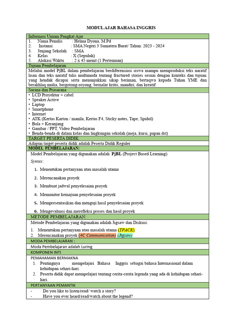 Modul Ajar Bahasa Inggris-Narative | PDF