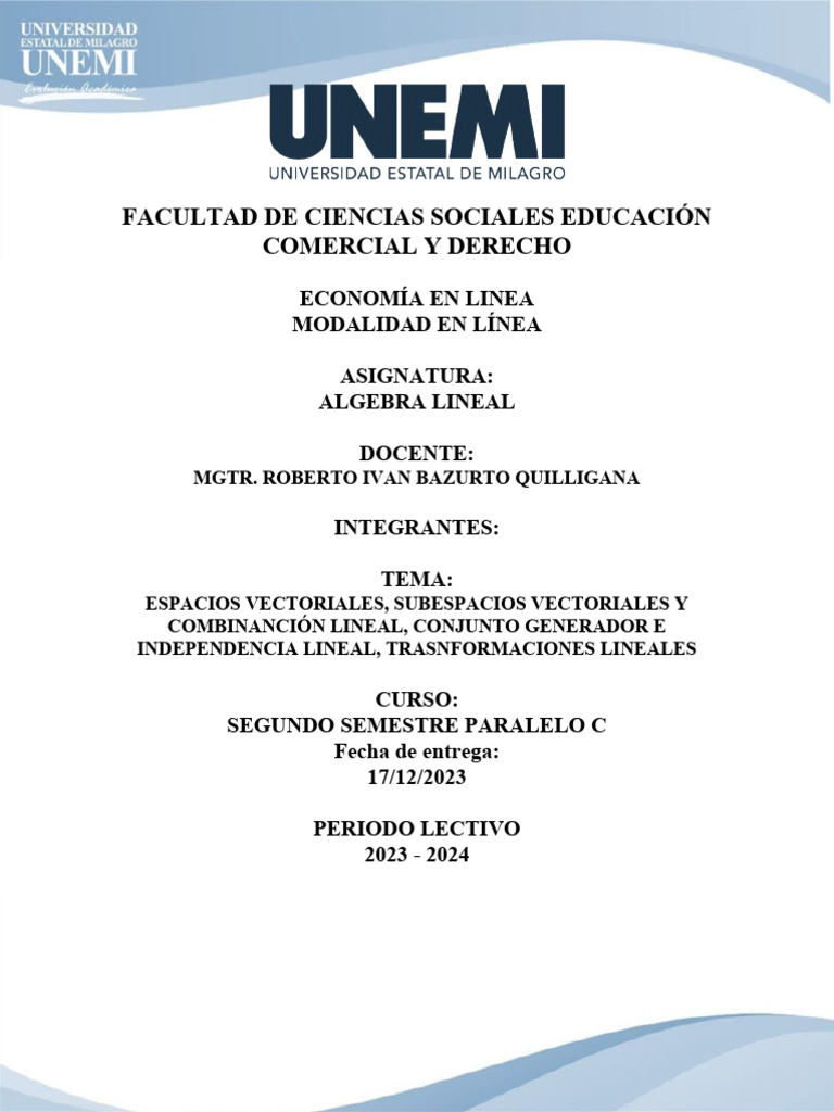 DEBER DE ALGEBRA LINEAL Tarea Experimental 2 | PDF | Espacio vectorial | Vector Euclidiano