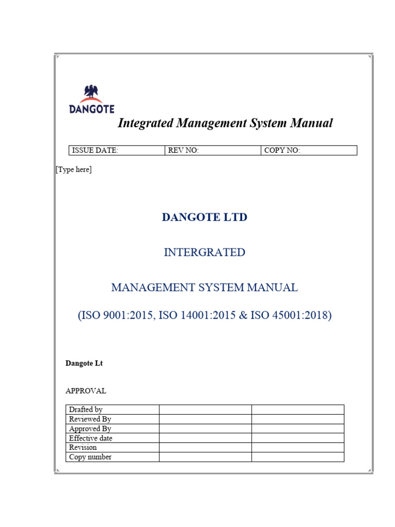 Dangote Integrated Management System Manual | PDF | Quality Management ...