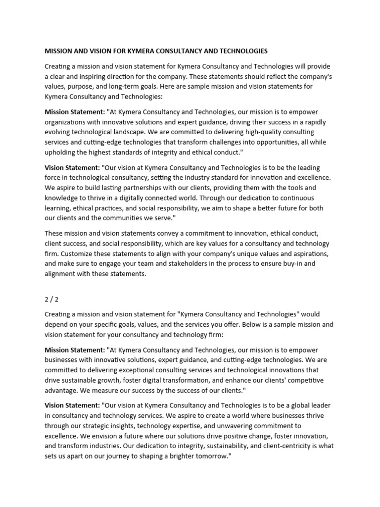 Mission and Vision For Kymera Consultancy and Technologies | PDF | Consultant | Innovation