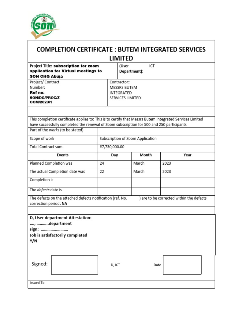 Job Completion Certificate Butem Integrated Services LTD | PDF