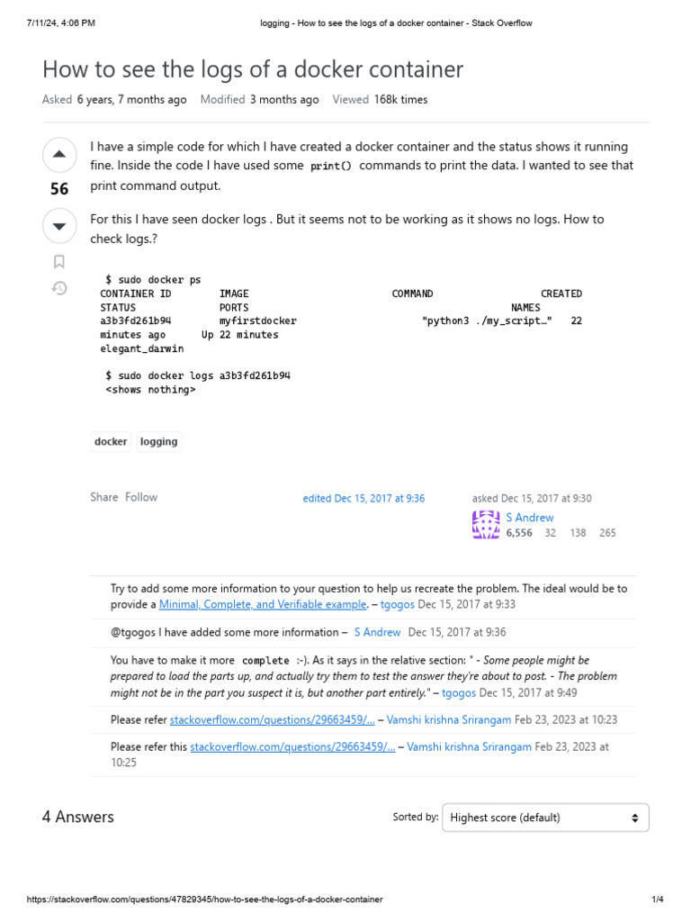 Logging - How To See The Logs of A Docker Container - Stack Overflow | PDF | Computer ...