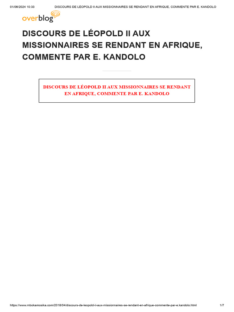 Discours de Léopold II Aux Missionnaires Se Rendant en Afrique, Commente Par E. Kandolo ...