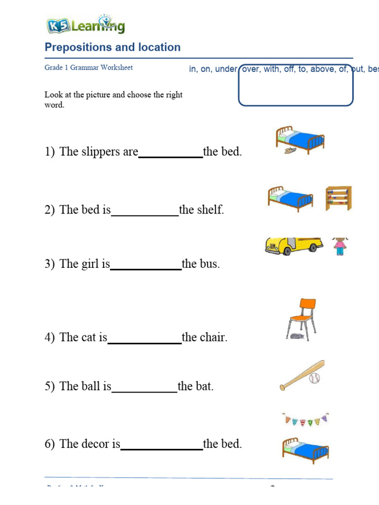 Grade 1 Prepositions Worksheet | PDF