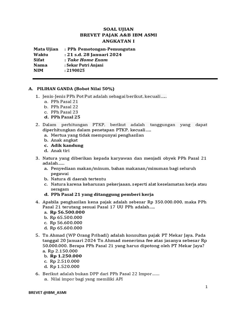 Soal PPH Pot-Put Brevet Ibmasmi - Sekar Putri 2190025 | PDF | Pengelolaan Keuangan & Uang