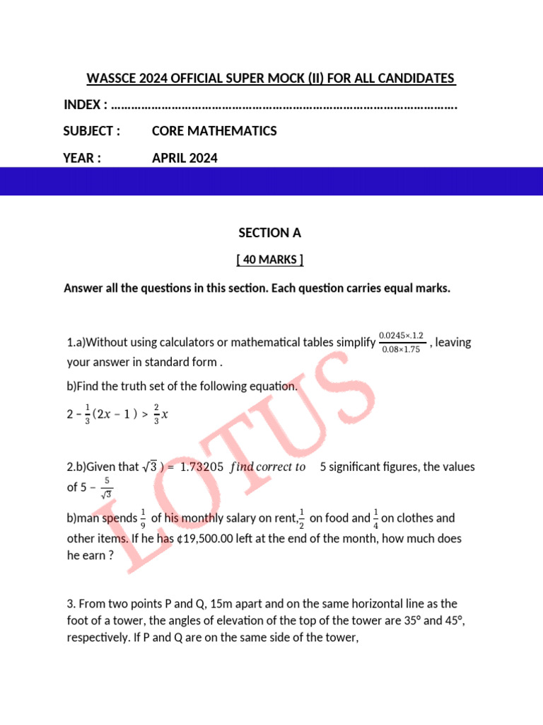 Wassce 2024 Super Mock (Ii) Core Mathematics | PDF