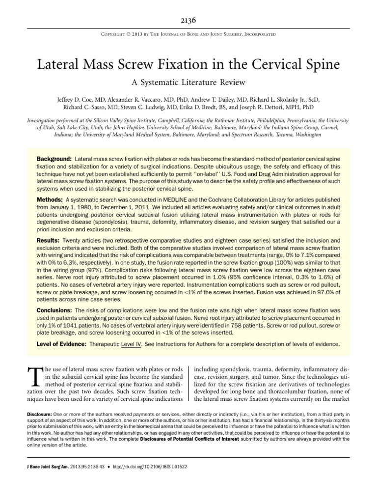 Lateral Mass Screw Fixation in The Cervical Spine | PDF | Clinical ...