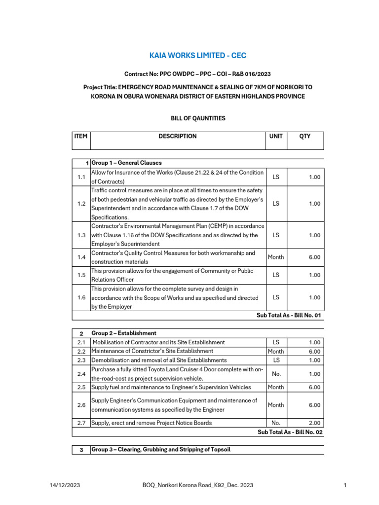 BOQ - Qty - Norikori Korona Road - K92 - Dec. 2023 | PDF | Road Surface | Road