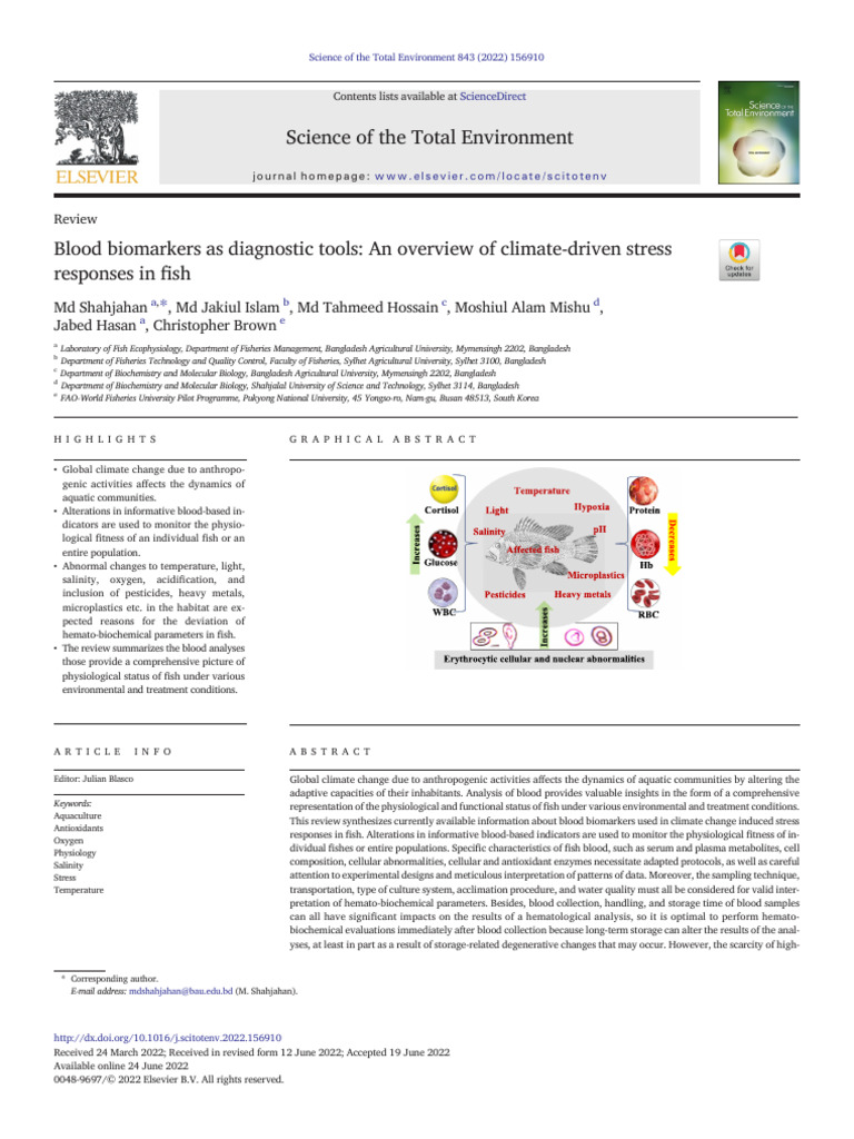 Blood biomarkers as diagnostic tools An overview of climate-driven stress responses in fish ...