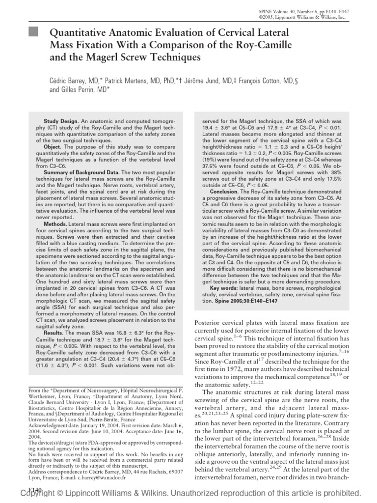 Quantitative Anatomic Evaluation of Cervical Lateral Mass Fixation With ...
