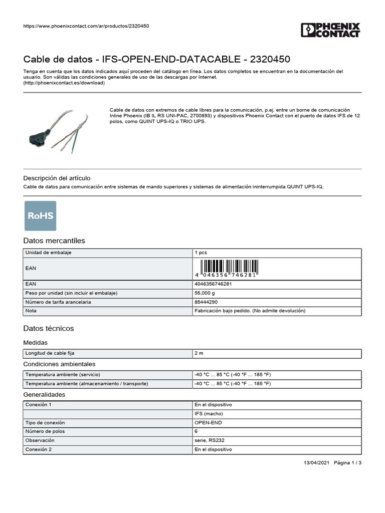 Cable de Datos - IFS-OPEN-END-DATACABLE - 2320450 | PDF | Electrónica ...