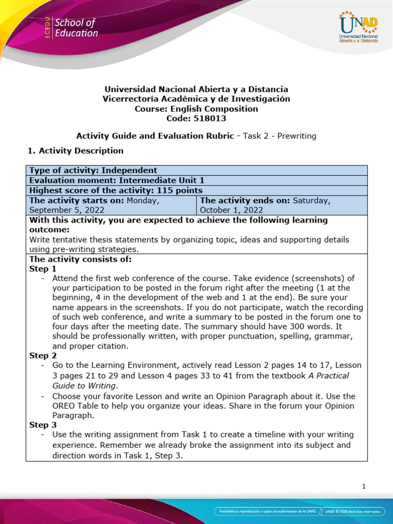 Activity Guide and Evaluation Rubric - Unit 1 - Task 2 - Prewriting ...