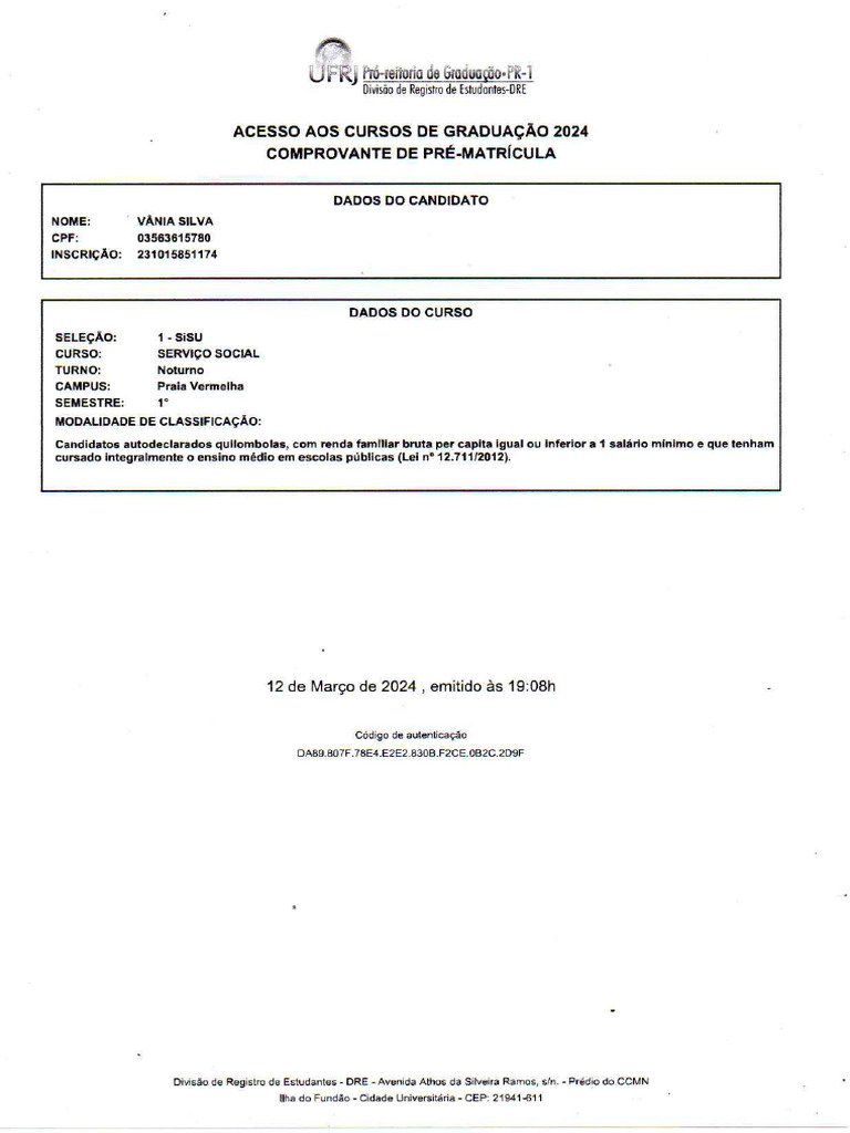 Comprovante de Matricula | PDF