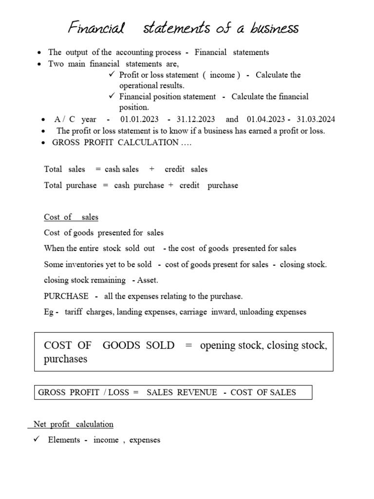 Financial Statements of A Business - SHORT NOTE | PDF | Expense | Cost ...