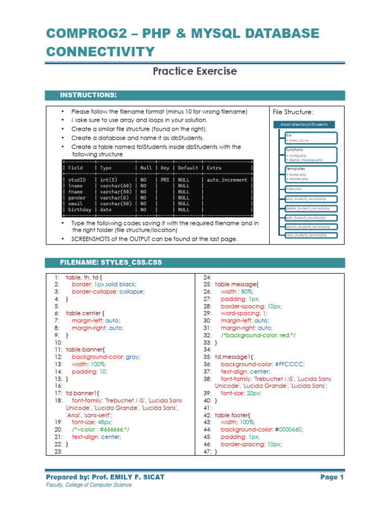 Comprog3 Practice Exercise Php Mysql Database Connectivity Pdf Php Databases 7883
