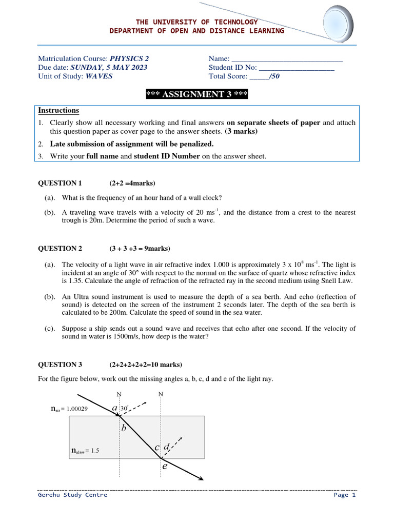 Physics 2 Assignment 3, S1 2024 | PDF | Refraction | Waves