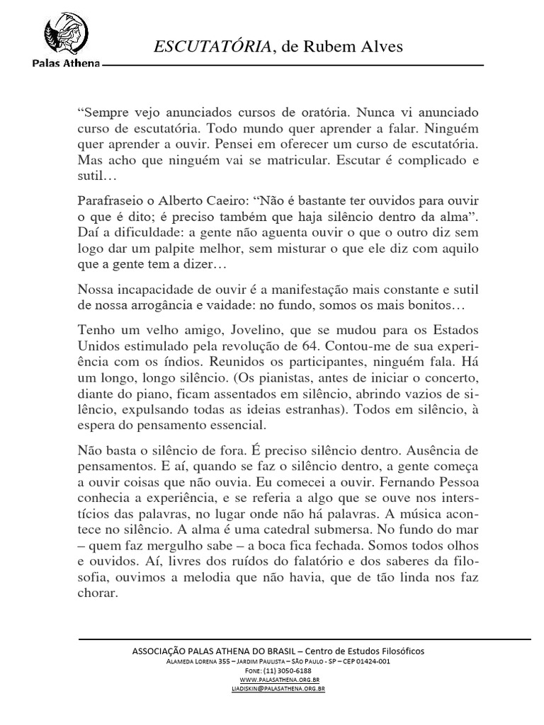 Escutatória - RUBEM ALVES | PDF | Artes Linguísticas e Disciplina | Poesia