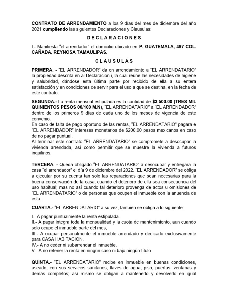 CONTRATO DE ARRENDAMIENTO 09-01-2022 | PDF CONTRATO DE ARRENDAMIENTO 09-01-2022 | PDF