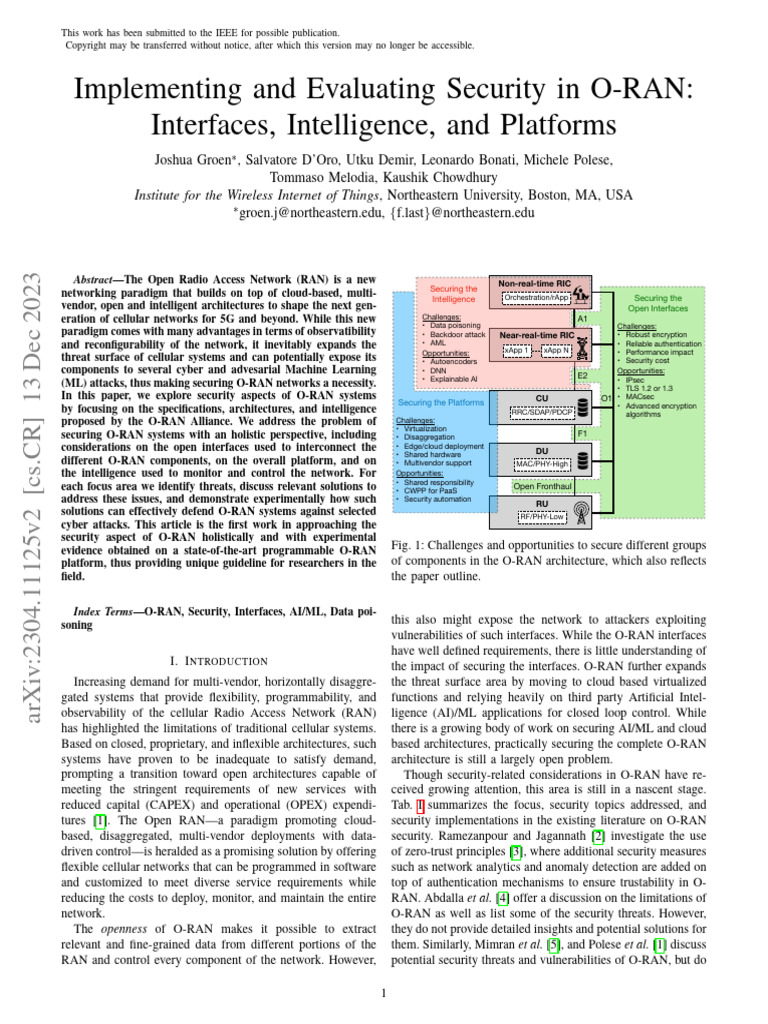 Implementing and Evaluating Security in O-RAN: Interfaces, Intelligence, and Platforms | PDF ...