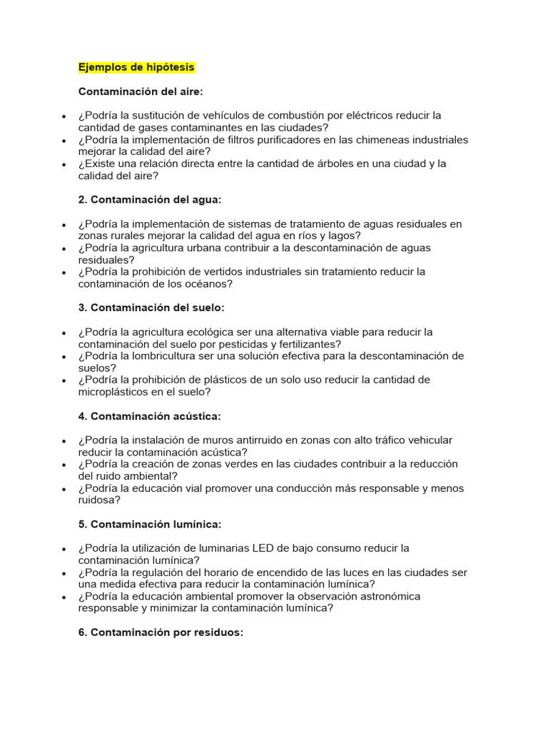 Ejemplos de hipótesis | PDF | Contaminación | Residuos