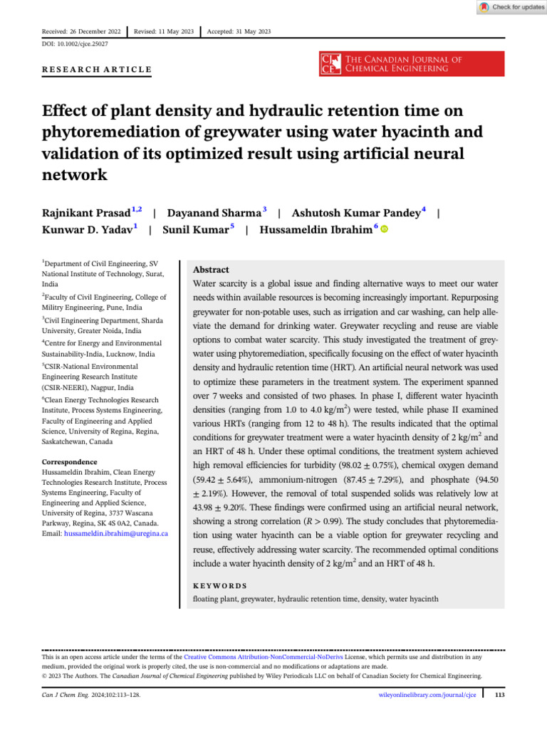 Can J Chem Eng - 2023 - Prasad - Effect of Plant Density and Hydraulic ...