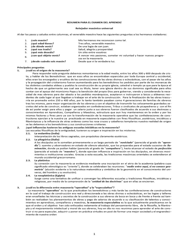 Resumen del Examen de Aprendiz Masón | PDF | Masonería | Virtud