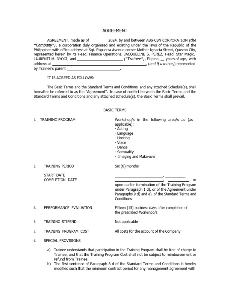 ABS-CBN Trainee Program Agreement | PDF | Indemnity | Breach Of Contract