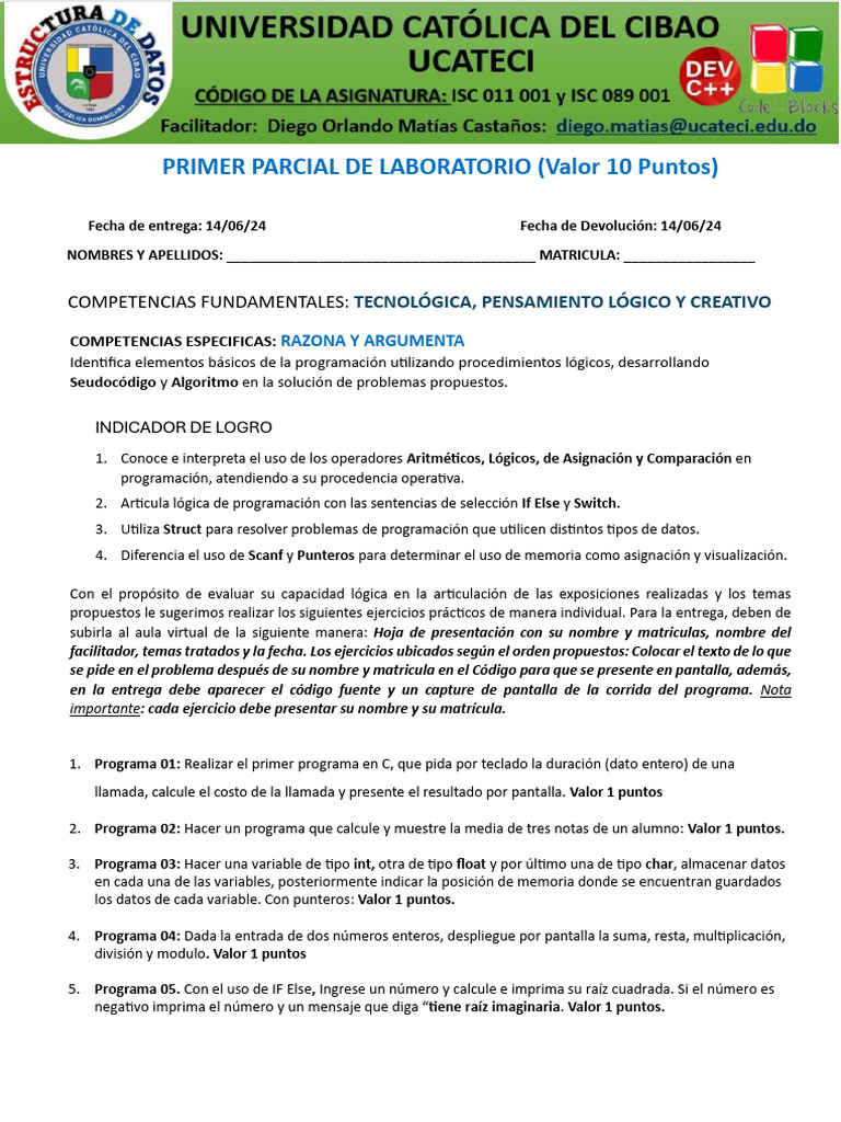 Primer Parcial de Laboratorio | PDF | Puntero (Programación de computadora) | Programa de ...