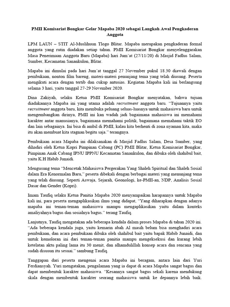 PMII Komisariat Bongkar Gelar Mapaba 2020 Sebagai Langkah Awal Pengkaderan Anggota | PDF
