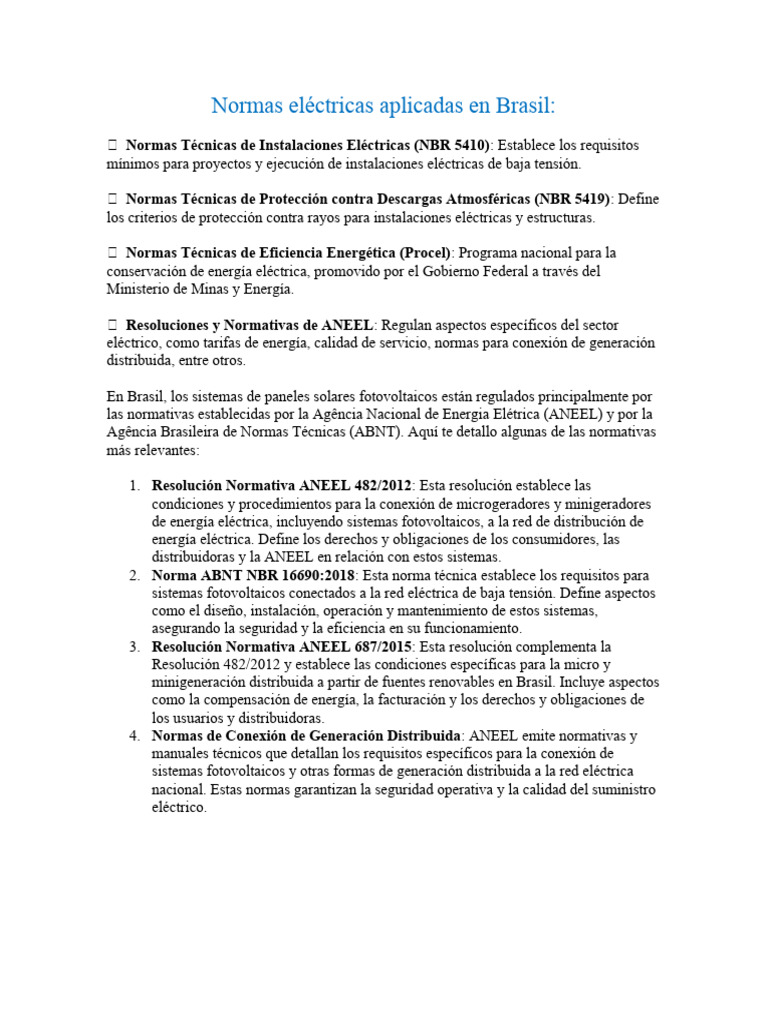 Normas Eléctricas Aplicadas en Brasil, Chile y Colombia | PDF ...