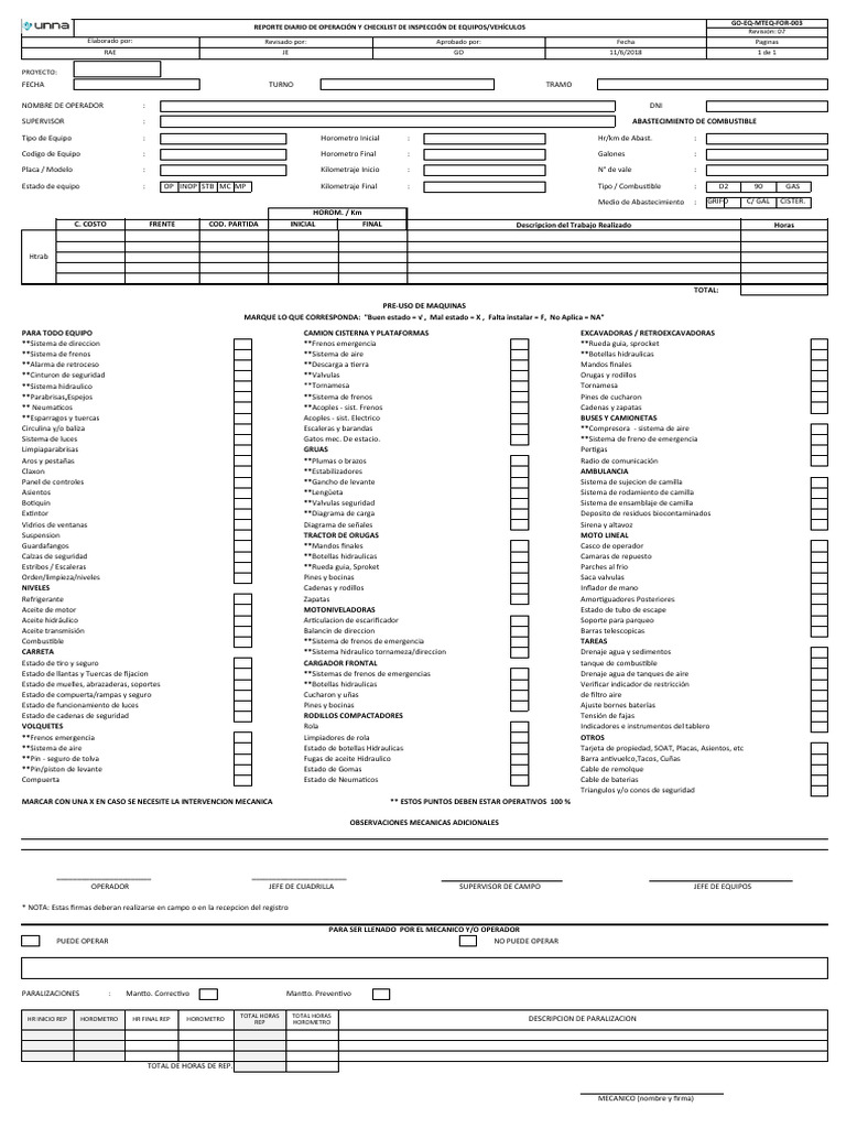 GO-EQ-MTEQ-FOR-003 Reporte Diario de Operación y Checklist de ...