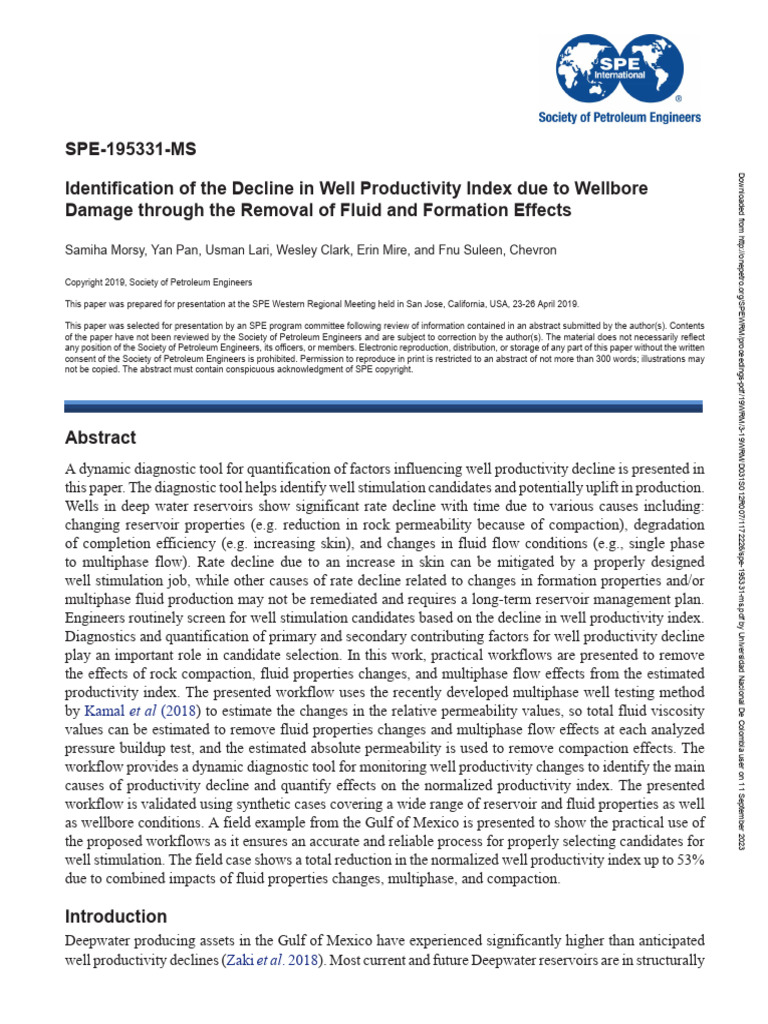 2019 - Identification of The Decline in Well Productivity Index Due To Wellbore Damage Through ...