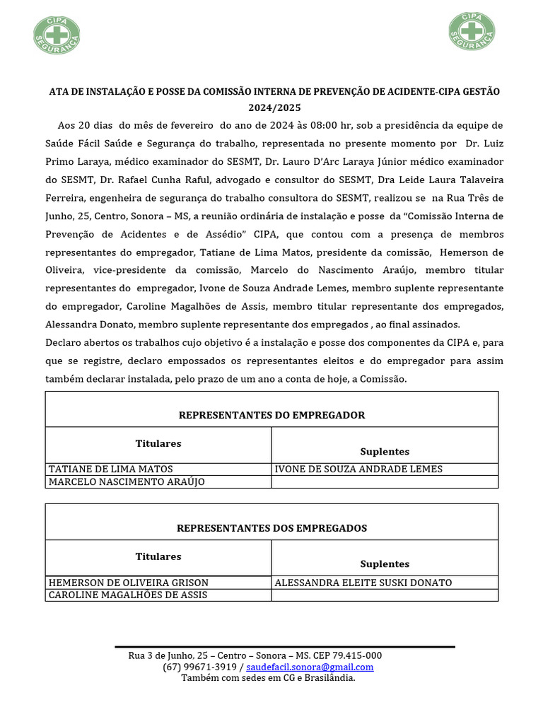 Ata de Instalação e Posse Cipa Gestão 2024-2025 | PDF