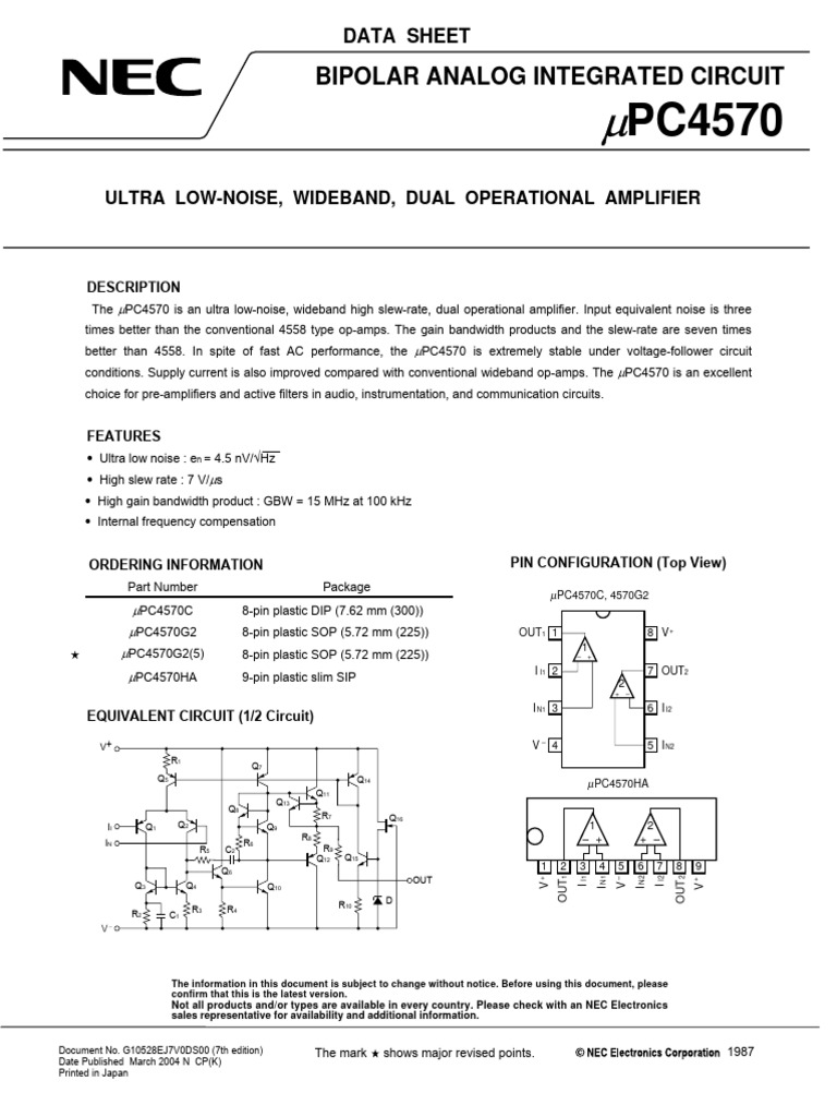 µPC4570 Dual Operational Amplifier Datasheet | PDF | Operational ...