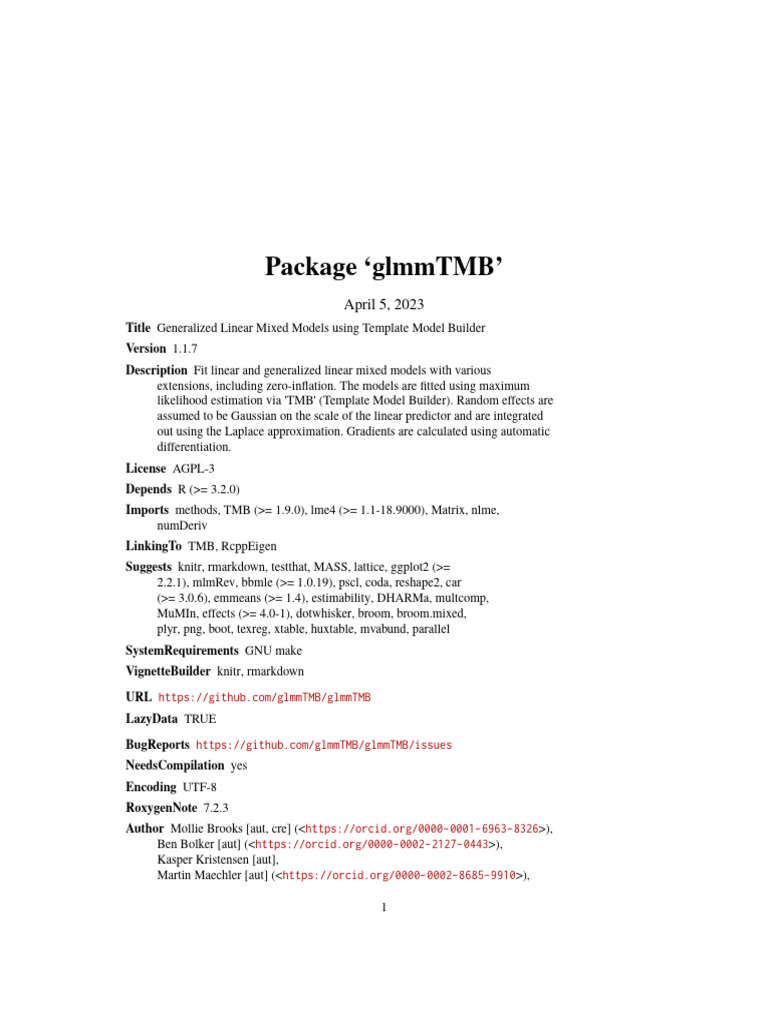 GLMM TMB | PDF | Estimator | Fixed Effects Model