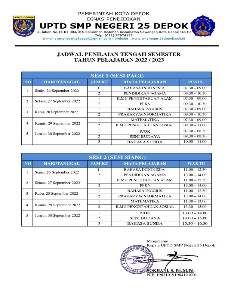 Jadwal PTS Ganjil SMPN 25 Depok 2022-2023 | PDF