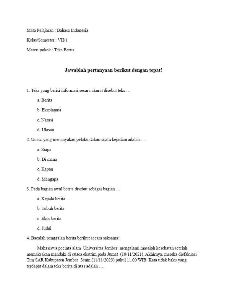Soal Teks Berita Kelas 7 Bahasa Indonesia | PDF