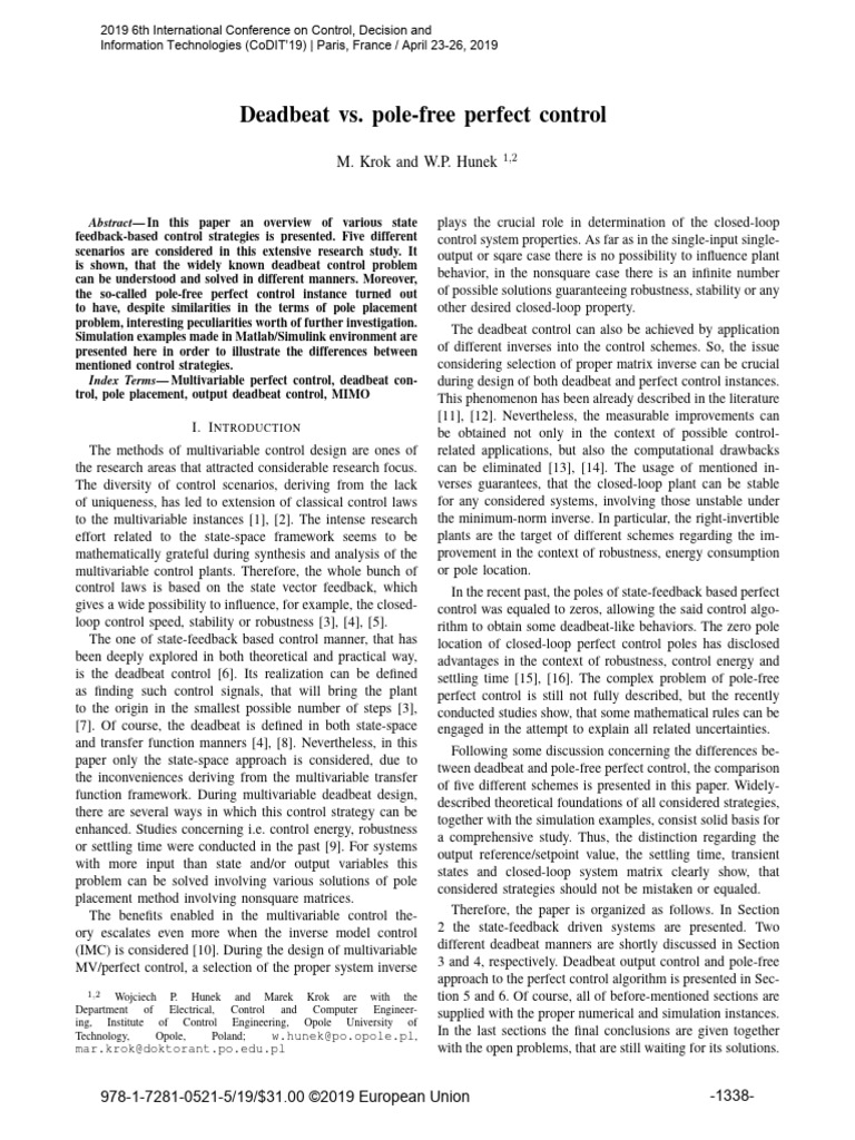 Deadbeat Vs Pole-Free Perfect Control | PDF | Control Theory ...