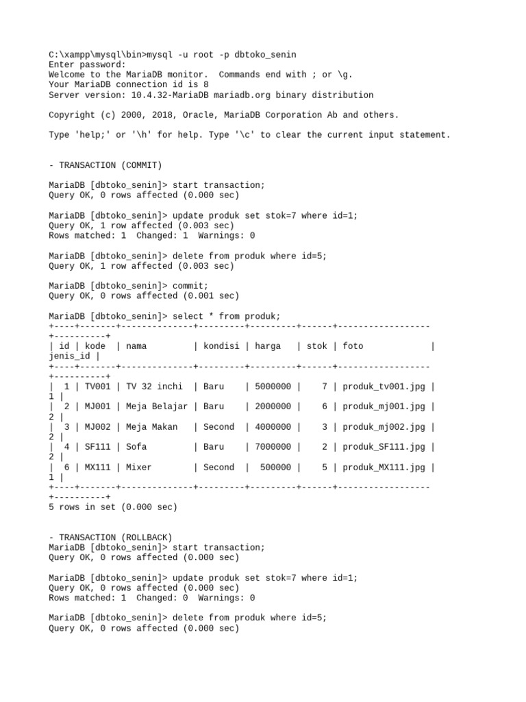 Transaction Dan Procedure | PDF | Software Engineering | My Sql
