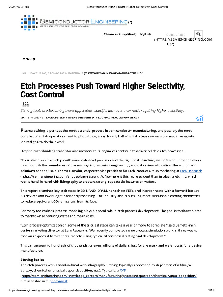 Etch Processes Push Toward Higher Selectivity Cost Control Pdf Semiconductor Device
