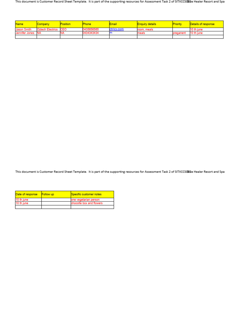 Customer Record Sheet Template | PDF