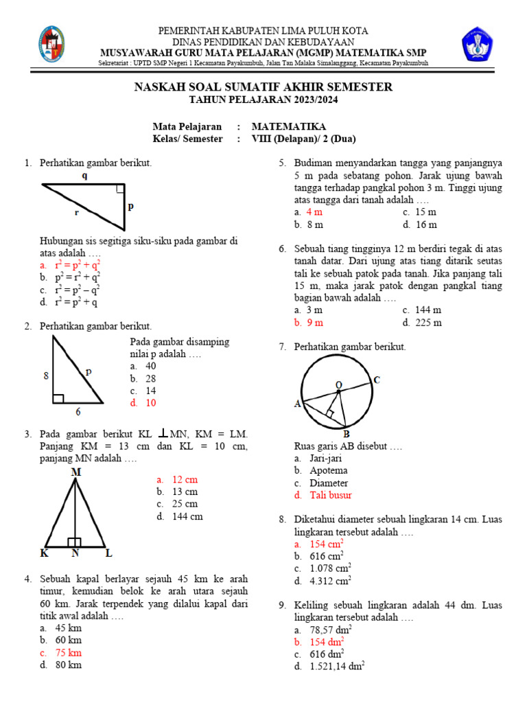 Soal MTK Kelas 8 MGMP | PDF