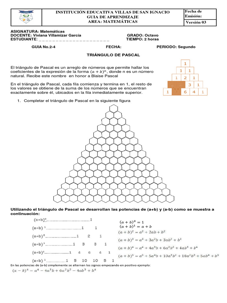 Guía sobre el Triángulo de Pascal | PDF | Matemáticas | Matemática Elemental