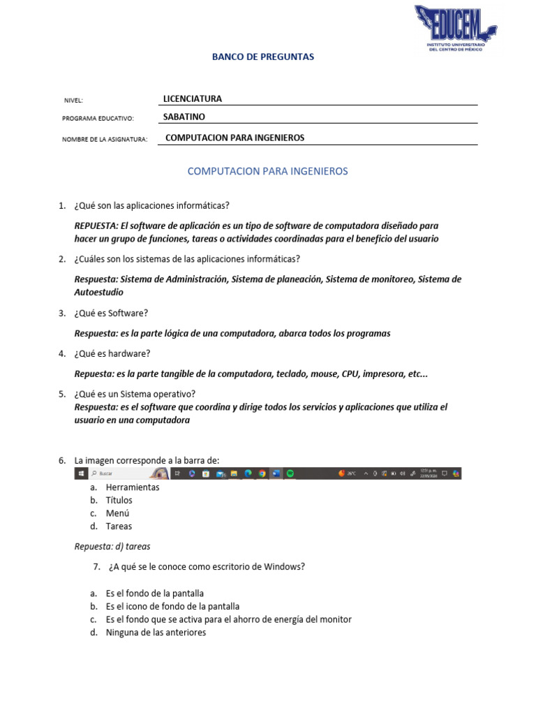 Banco de Preguntas Computacion para Ingenieria | PDF | Programa de computadora | Programación