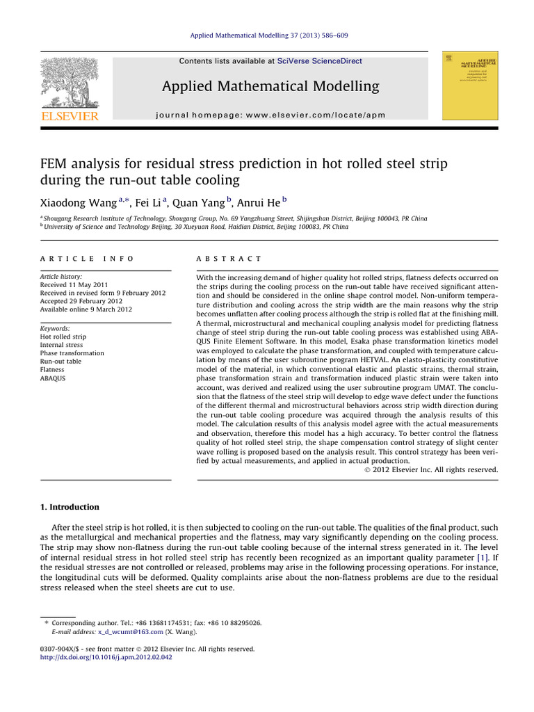 2013 WANG FEM Analysis For Residual Stress Prediction in Hot Rolled ...